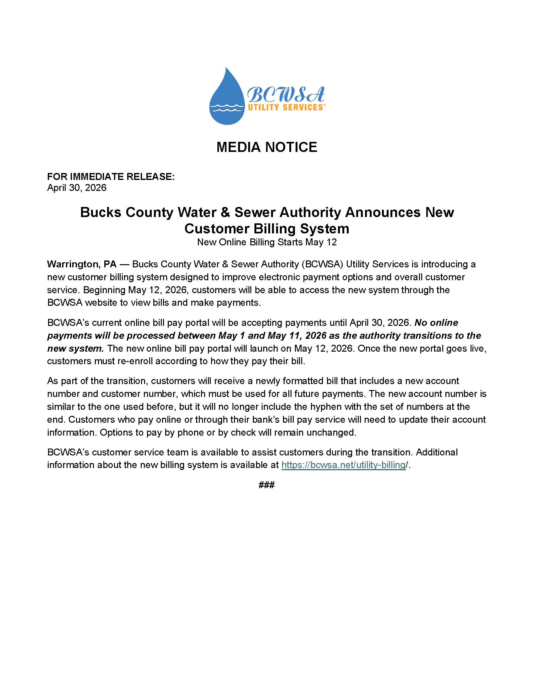 BCWSA NOTICE OF NEW BILLING SYSTEM – Langhorne Borough